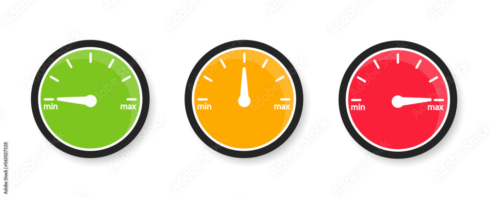 Speedometer colorful icons. Colored scale speed. Gauge meter icons ...