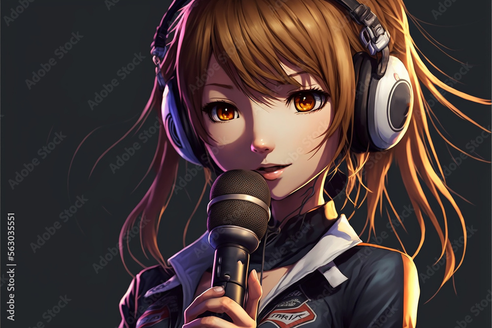 Virtual person, virtual singer. Anime style girl in headphones and with ...