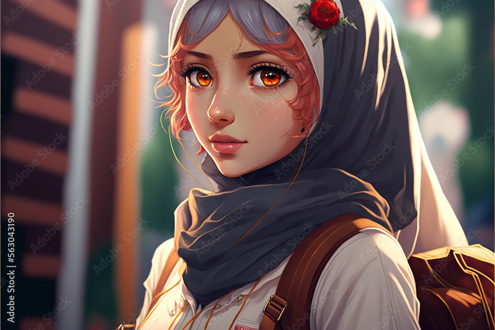 Illustration of an arabic anime schoolgirl, brown eyes and red hairs ...