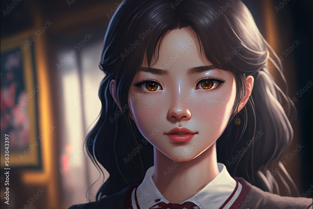 Illustration of a chinese anime schoolgirl with brown eyes and black ...