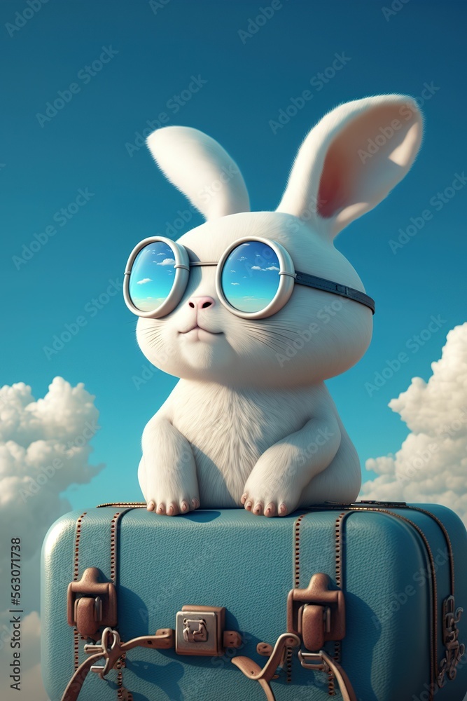 Cute white rabbit on the beach riding a blue suitcase, travel and ...