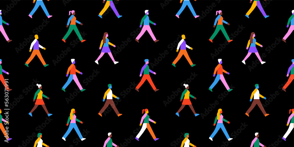 Diverse colorful people group walking together seamless pattern ...