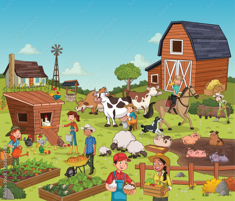 Cartoon farm with animals and farmers. Farm background. Stock Vector ...