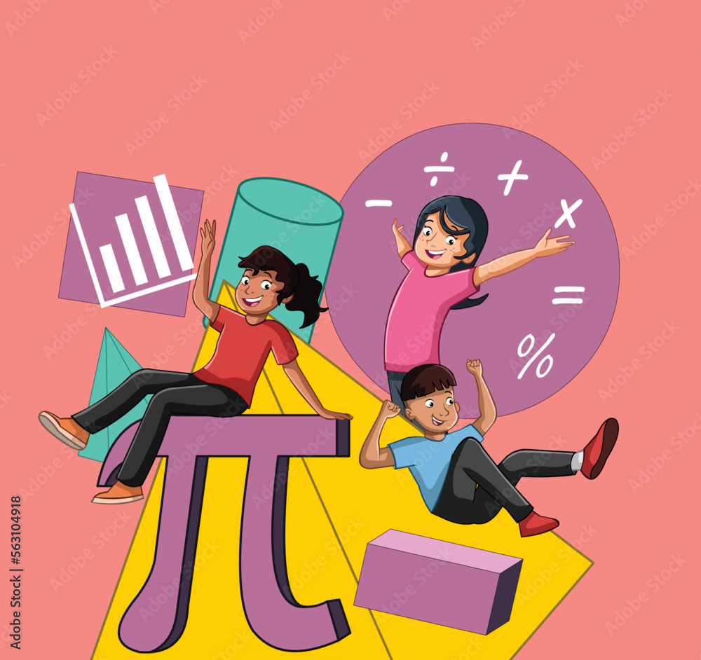 Cartoon teenagers with Mathematics figures. Kids having fun with ...