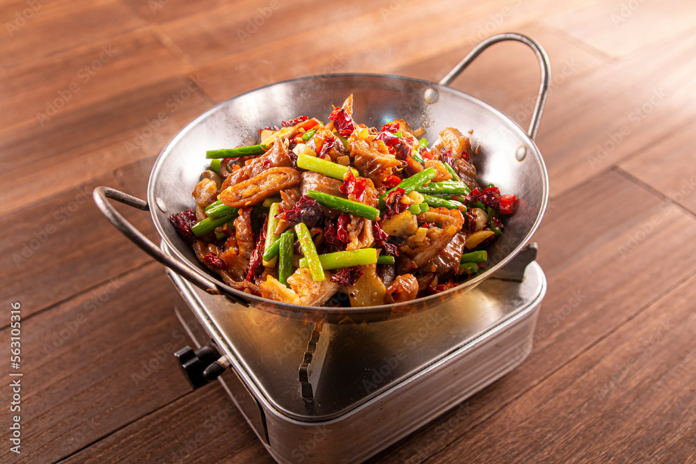 Dry Pot Hunan Style chilli Pork Intestines served dish isolated on ...