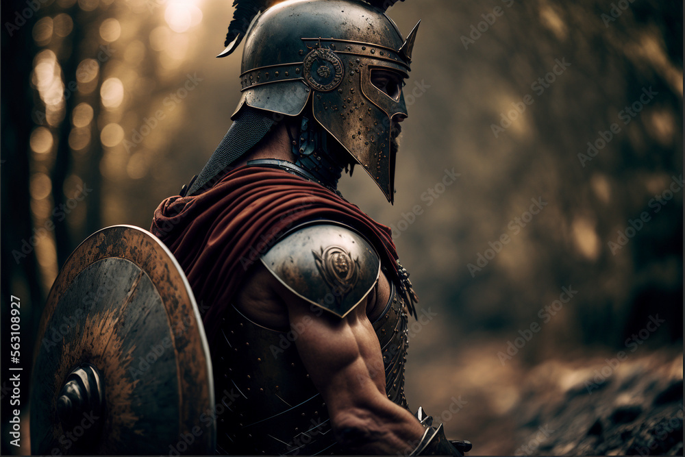 Illustration of a spartan warrior in armor with a shield on his back ...