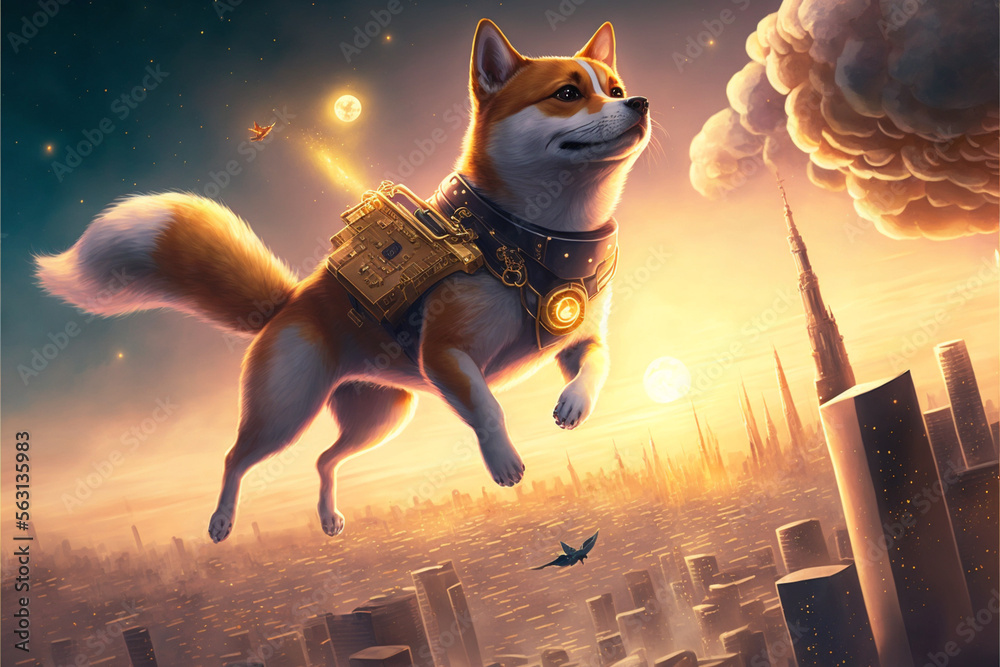 Cute dog with a jetpack, flying over a city, generative AI. Stock ...