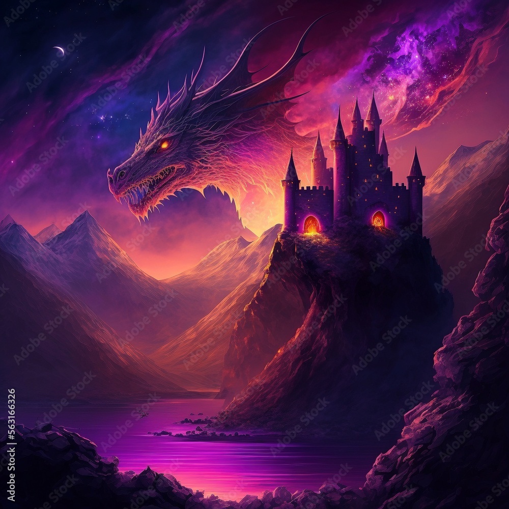 Fantasy landscape, featuring a castle built into the side of a mountain ...