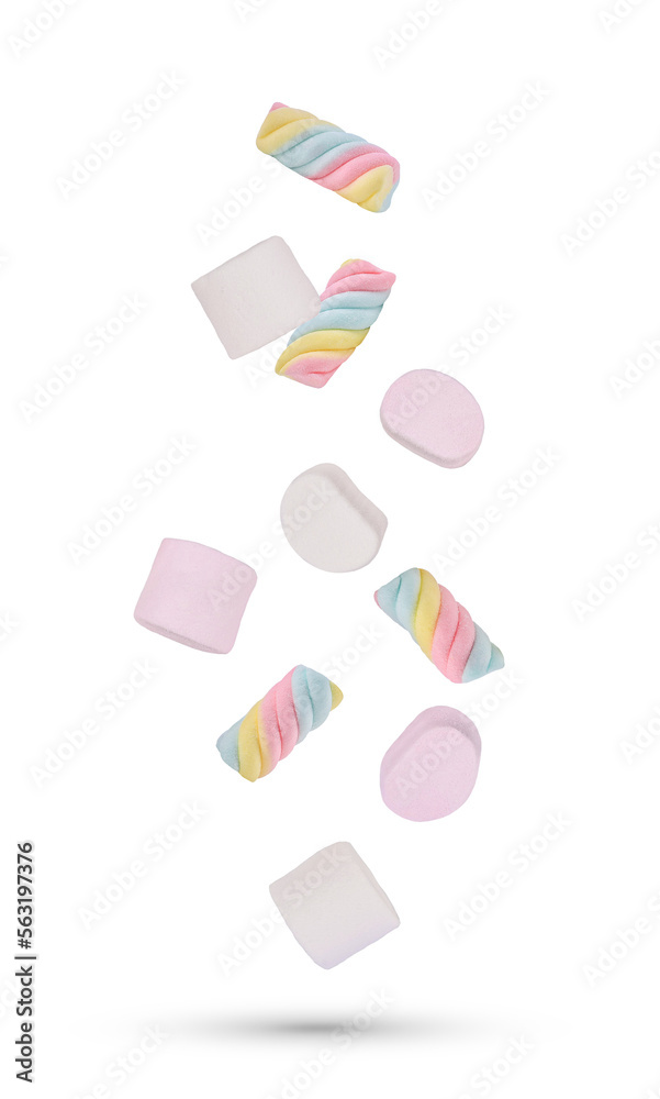 Colorful marshmallows candy falling in the air isolated on transparent ...
