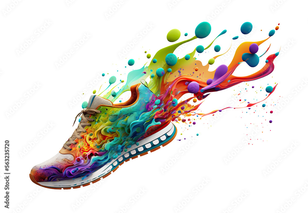 Sport shoes with color paint splash. Conceptual illustration for ...