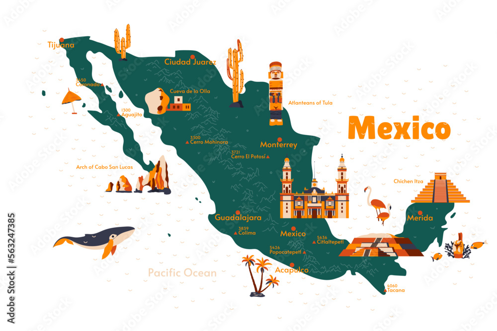 Vector map of Mexico. Attractions. Historical places. Tourism. Cities ...