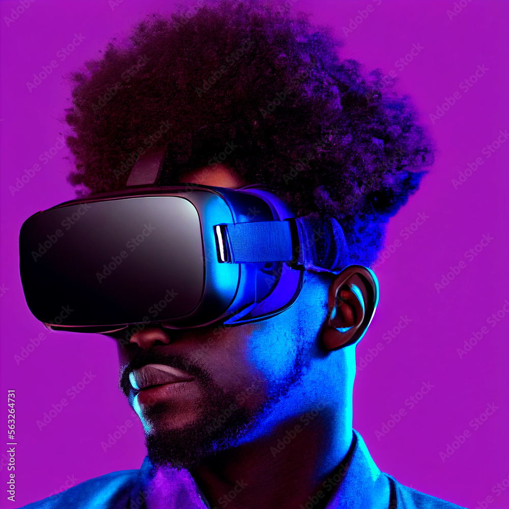 Afro man wearing virtual reality (VR) goggles on a purple background and blue lighting, image ...