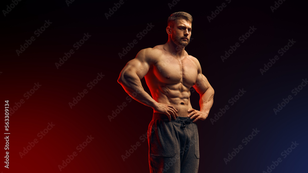 Strong man with muscular body. Sexy male bare torso. Shirtless athletic ...