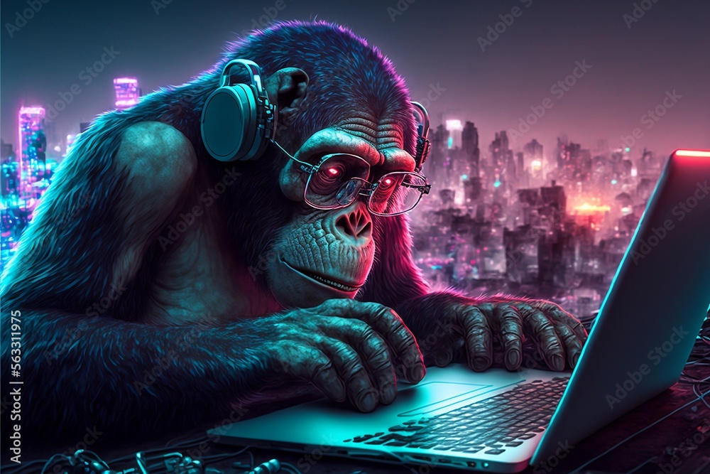 Abstract hooded hacker chimpanzee ,monkey, working on laptop ...