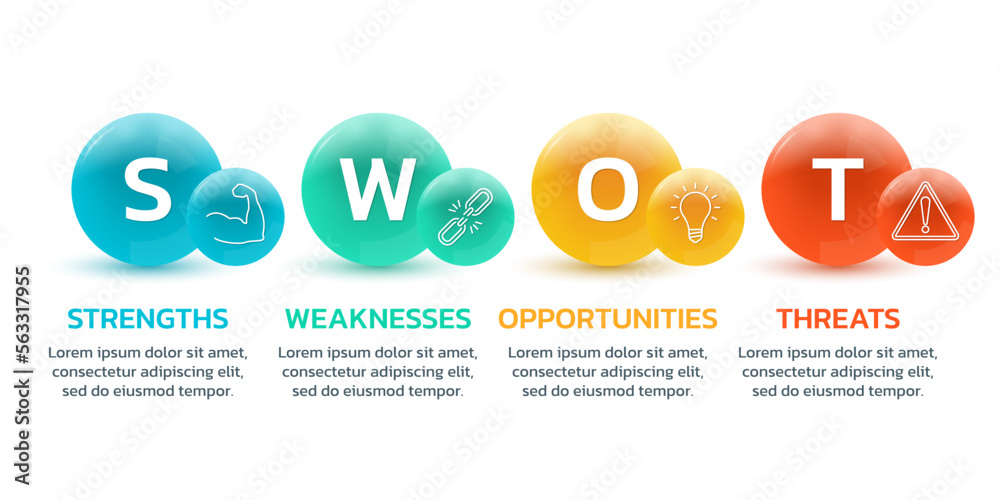SWOT analysis template. Business design with four 3d circles. Modern ...