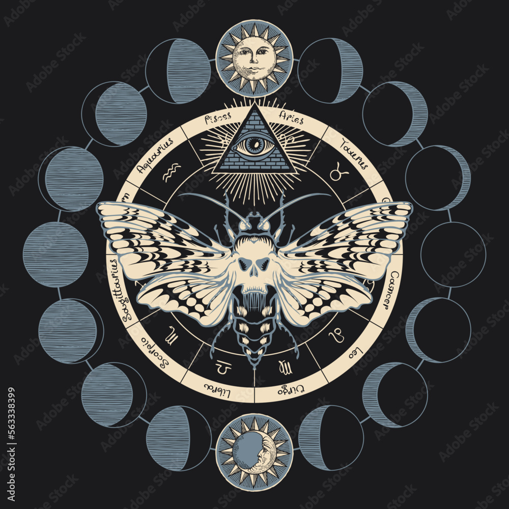 Hand-drawn scary butterfly moth dead head on the background of magical ...