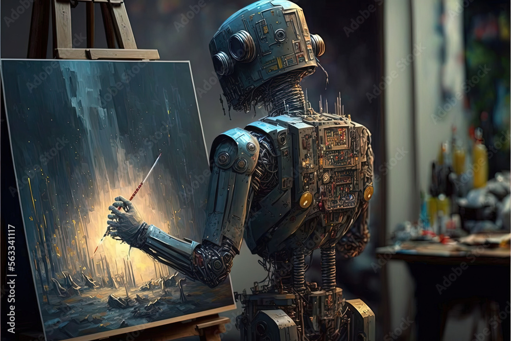 Robot artist painting a picture on a canvas, AI technology create ...