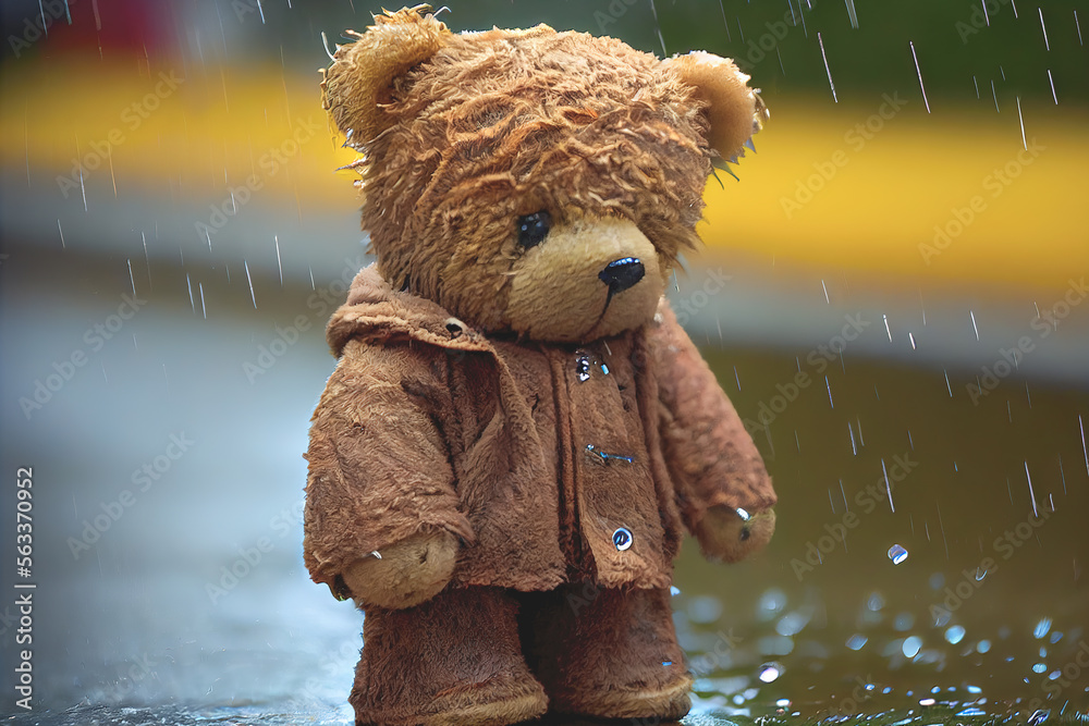 Small brown teddy bear standing in the rain, concept feelings of ...