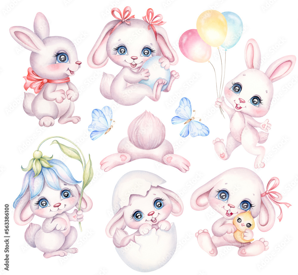 Cute Easter baby bunny. Hand painted watercolor clipart with Rabbit ...
