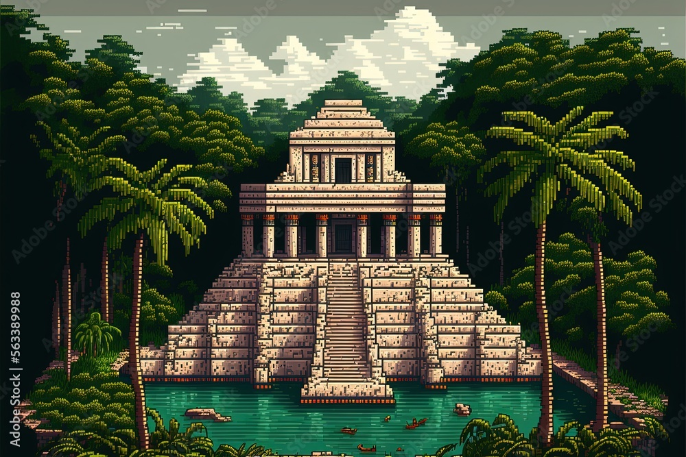 Pixel art Mayan temple, ancient Mayan pyramid in the forest, background ...