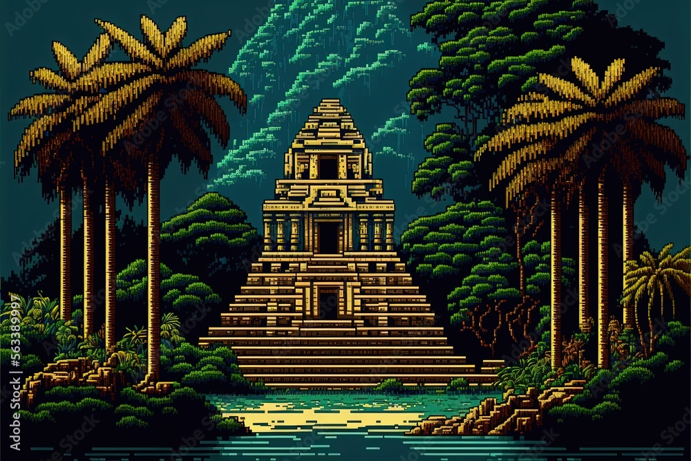 Pixel art Mayan temple, ancient Mayan pyramid in the forest, background ...