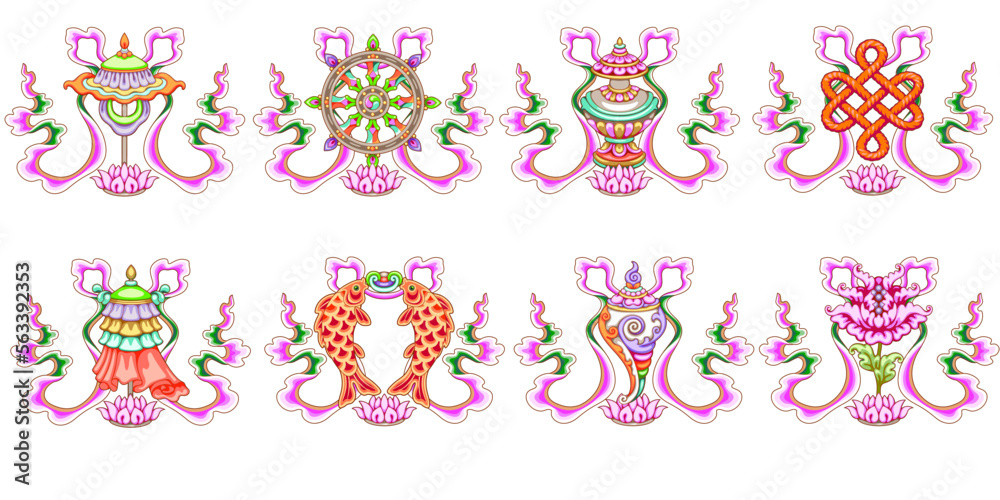 Buddhism symbols eight cliparts vector ashtamangala Stock Vector ...