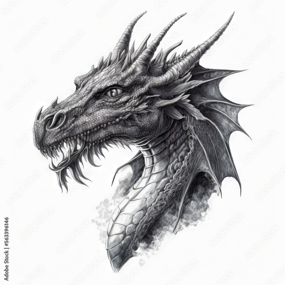 a drawing of a dragon with its head turned to the side and its eyes ...