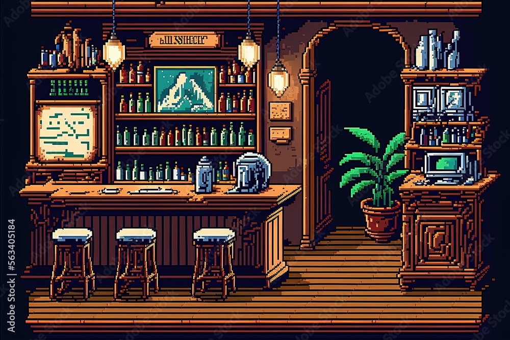 Interior of a bar with a counter, drinks and stools, made of wood ...