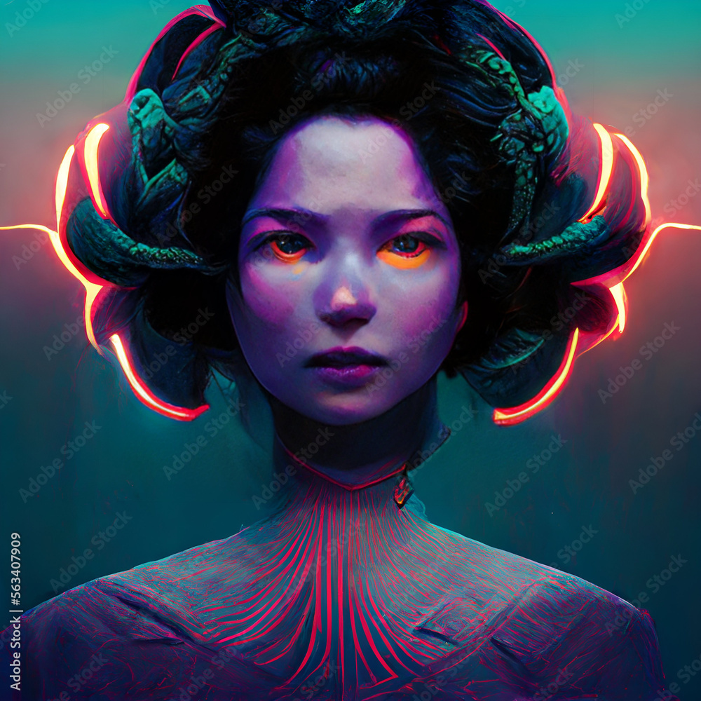 Neon Cyberpunk Medusa. Electric Pink and Purple Horror Monster with ...