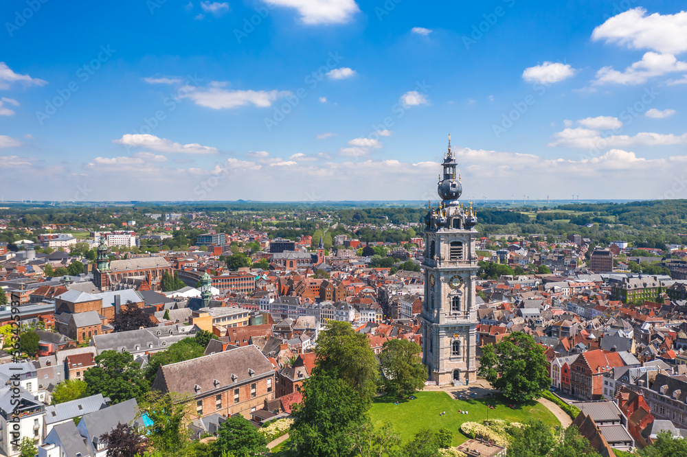Aerial summer skyline panorama of the old town of Mons (Bergen). The ...