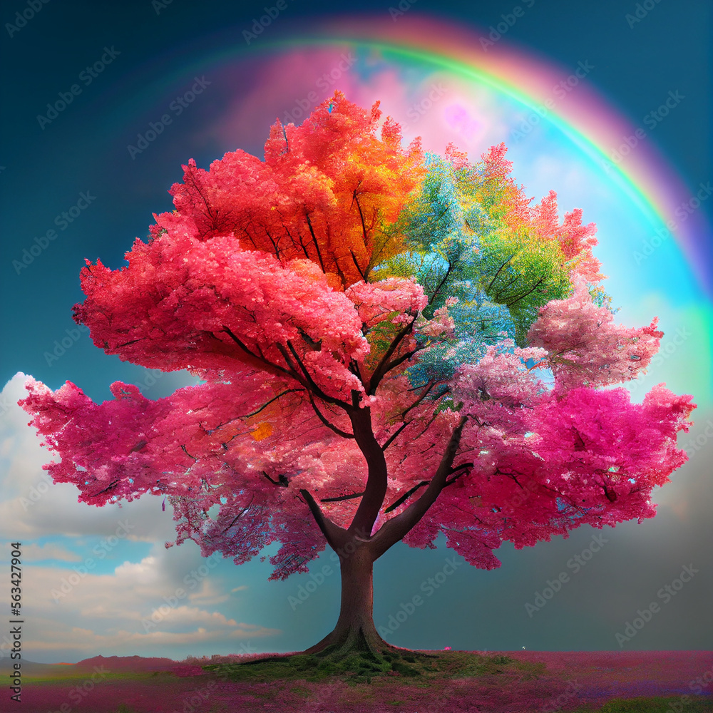 Rainbow tree, fantasy landscape and tree with rainbow colors ...