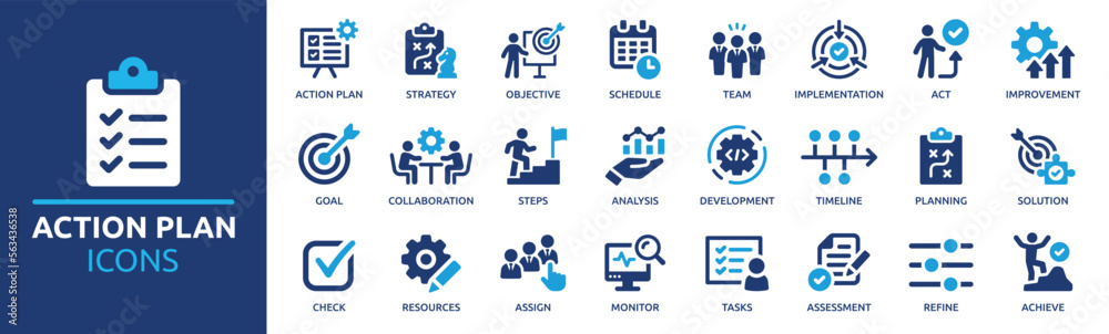 Action plan icon set. Containing planning, schedule, strategy, analysis ...