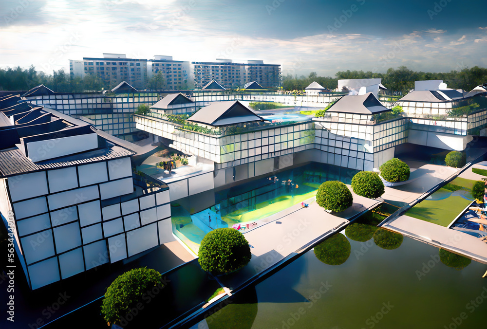 Futuristic architectural building inspired by asian architecture, built ...