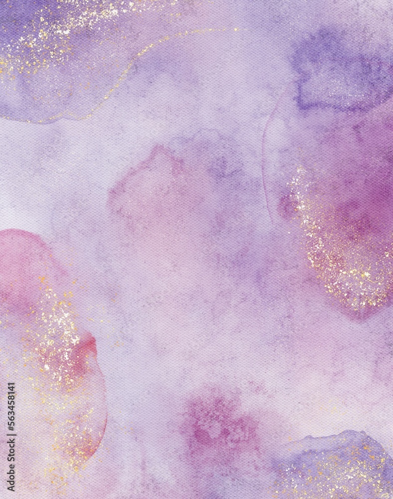 Violet watercolor background with gold glitter texture, Modern art ...
