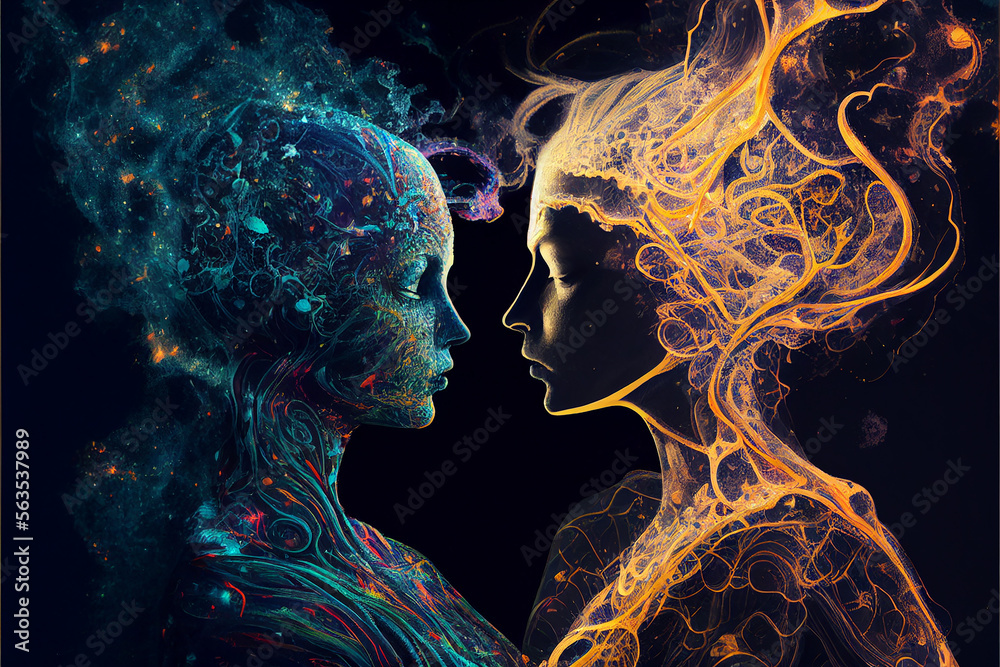 Man and woman silhouettes at abstract cosmic background. Human souls ...