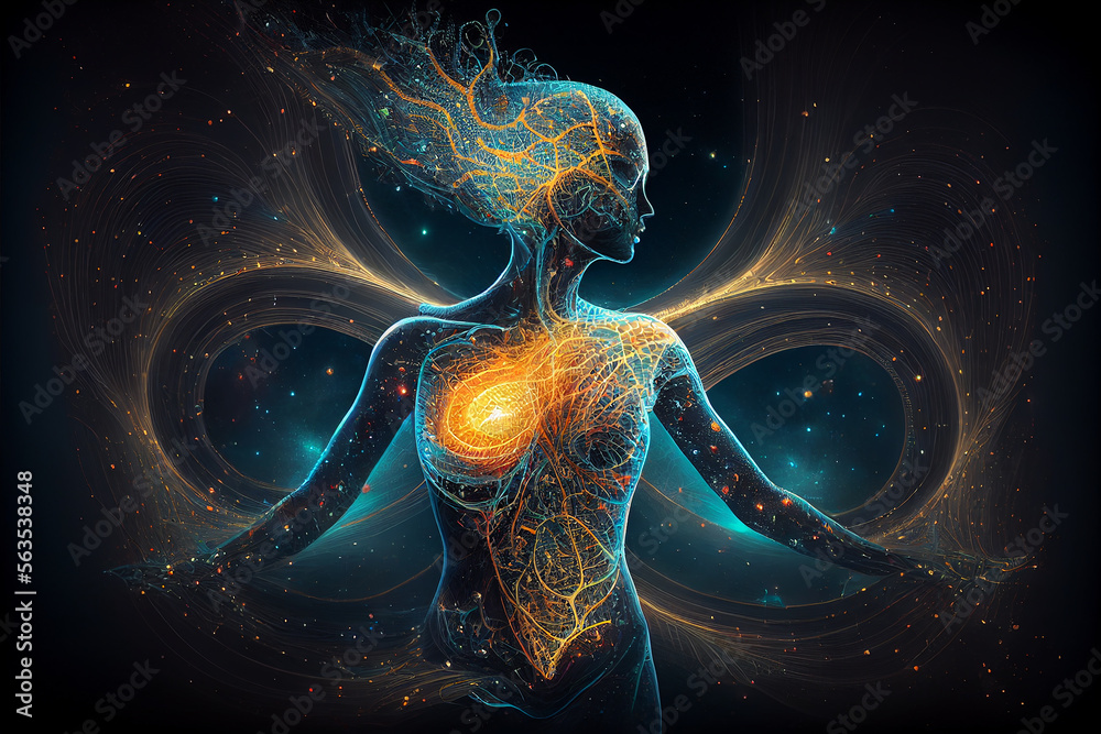 Astral body silhouette with abstract space background. Esoteric, spiritual life and meditation ...