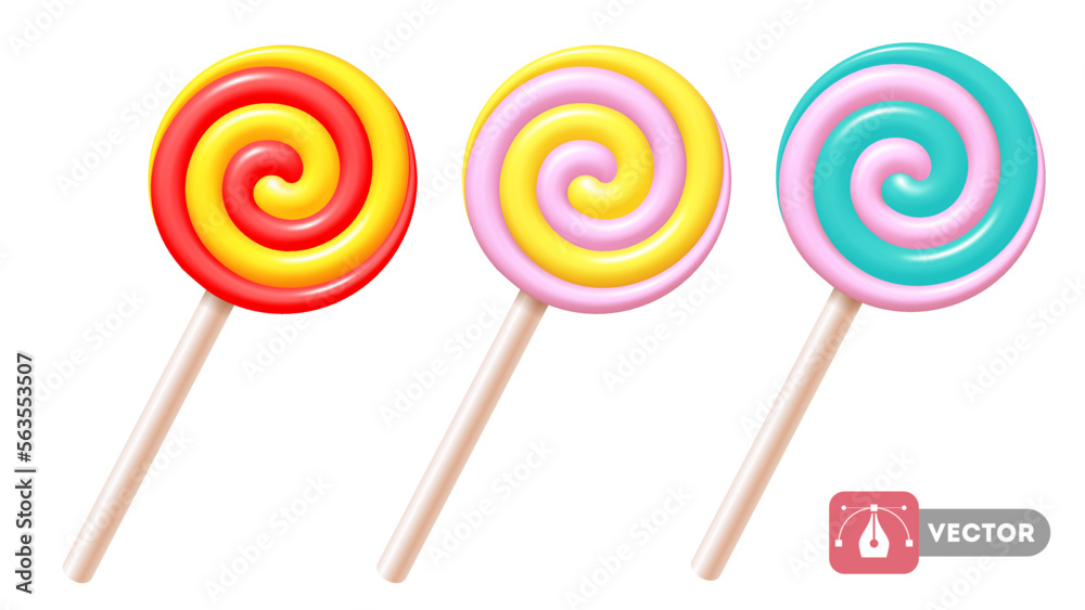 Set of sweet spiral lollipops on white plastic sticks. 3d realistic ...
