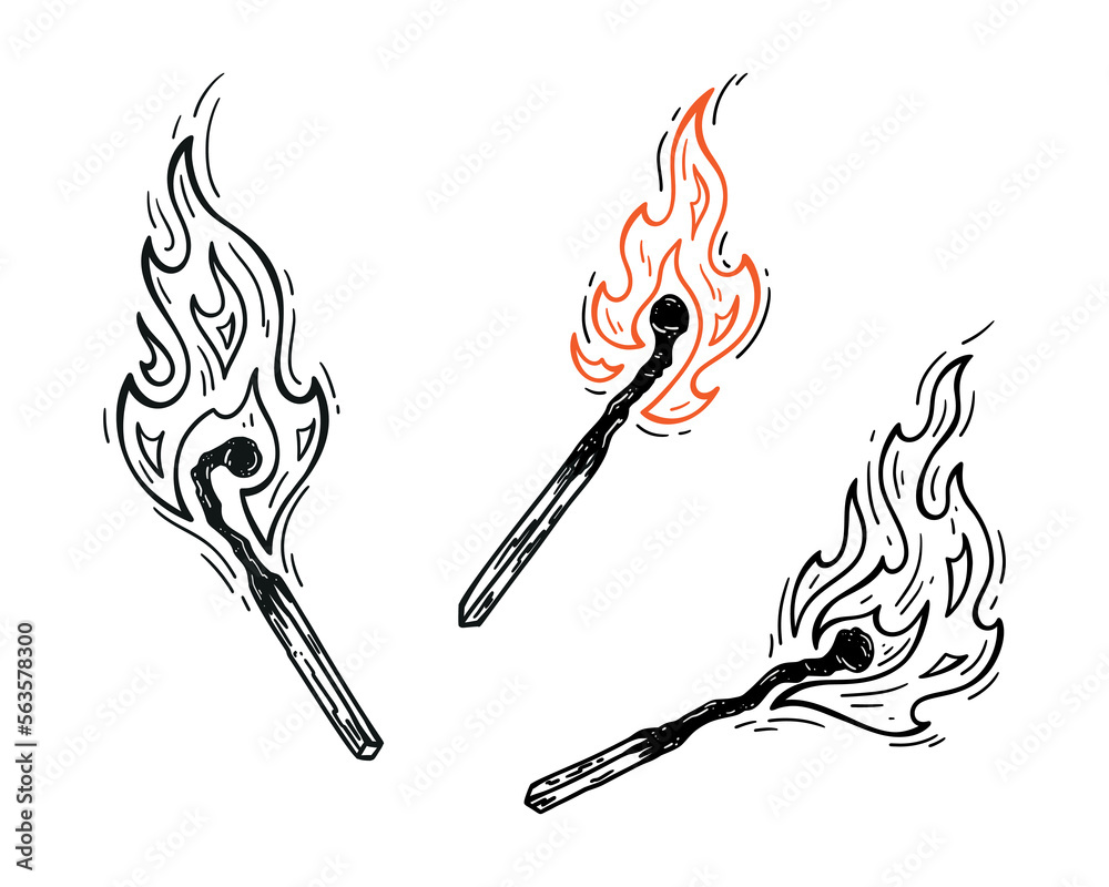 Set of Burning Match Stick. Outline matchstick. Wood Match with Fire ...