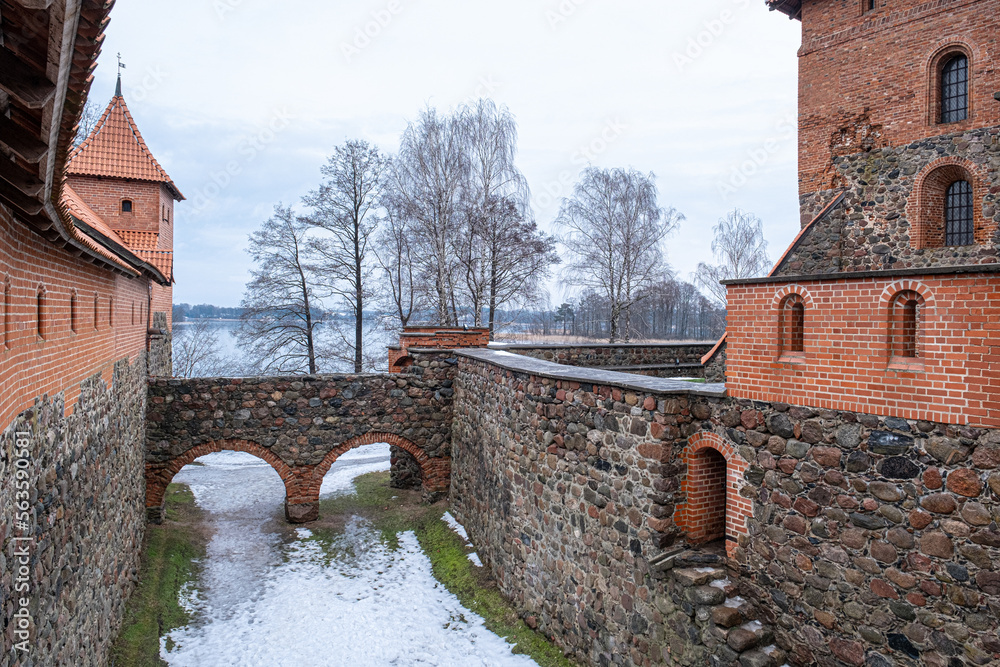 Vew of the old fortification walls of Trakai Castle, built on Galve ...