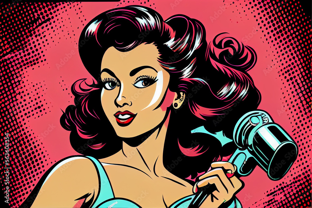 Sexy Pin-up Frau mit Lockenwickler. Bunter Hintergrund in Pop-Art Retro ...