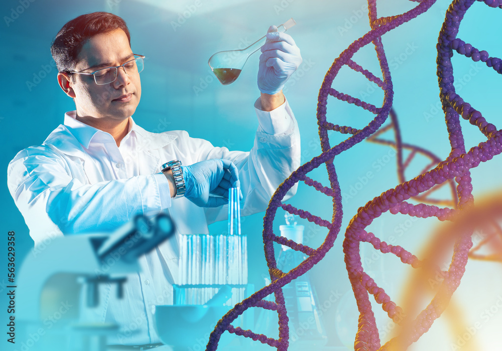 Foto de Stock Man geneticist looks at his watch. Scientists with flask ...