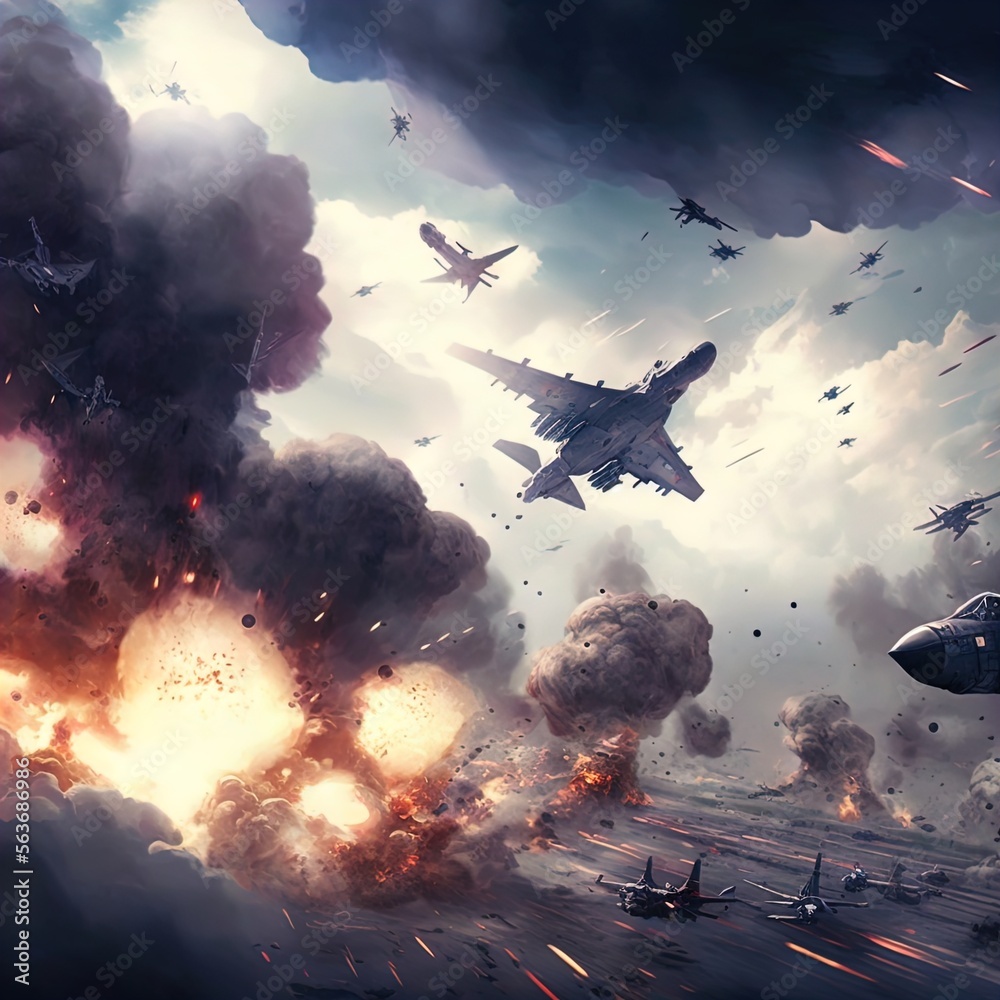Aircraft on a massive bombing run. Huge explosions. Action scene. Made ...