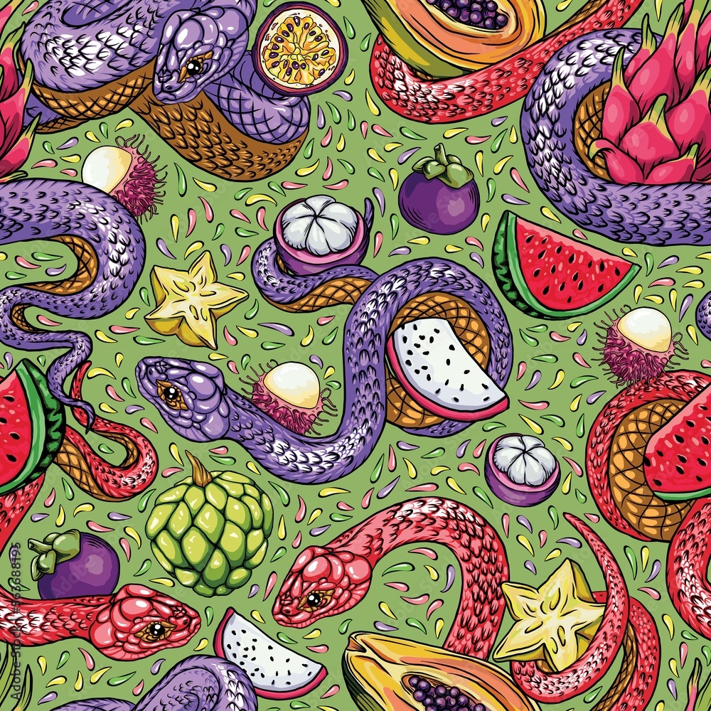 pattern of snakes and juicy fruits, colorful snakes and tropical fruits ...