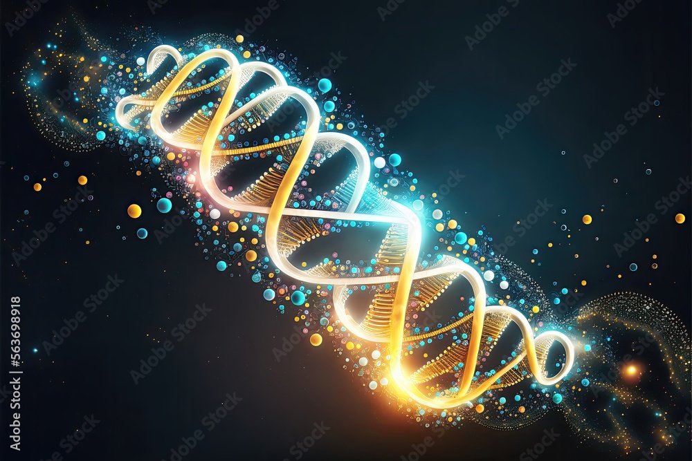 Generative AI illustration of white DNA strand with numbers screens and ...