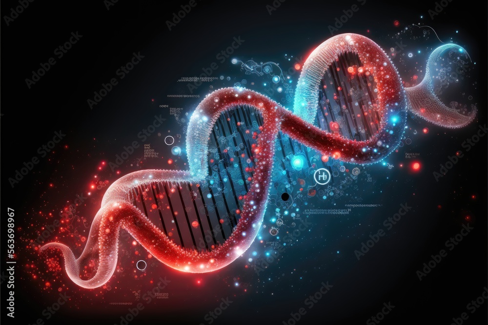 Generative AI illustration of white DNA strand with numbers screens and ...