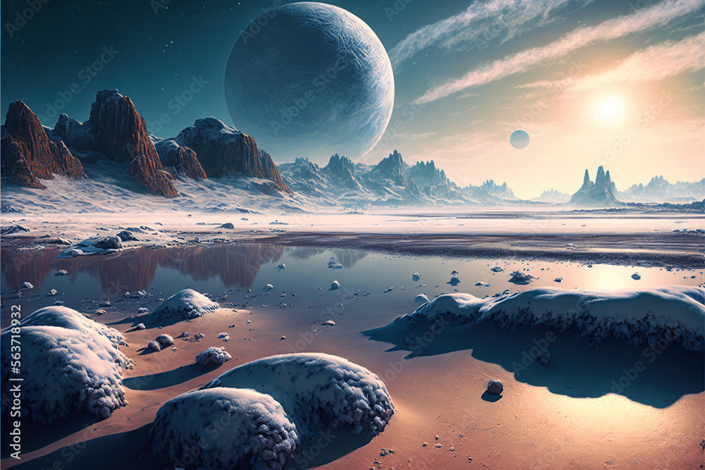 Illustration Stock Extraterrestrial landscape at sunset, scenery of alien planet in deep space ...