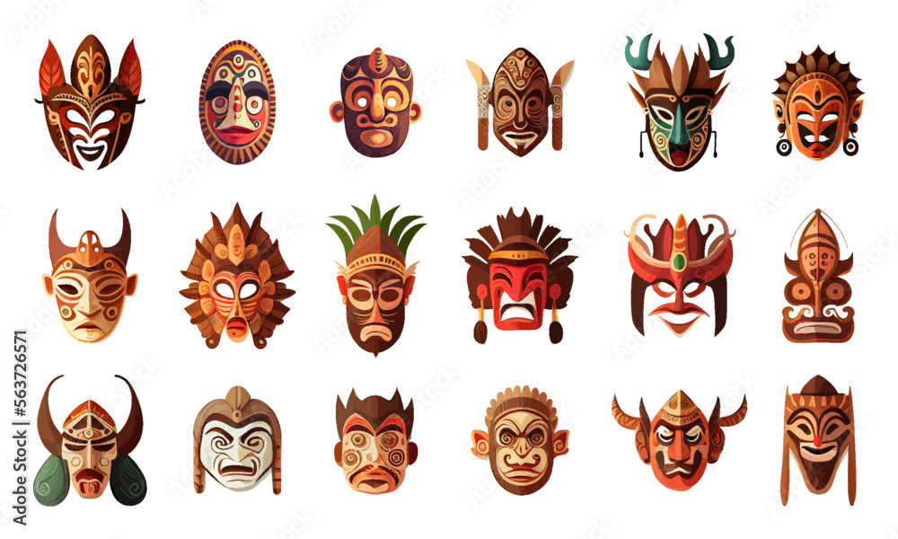 เวกเตอร์ Stock Colorful set of ethnic masks in cartoon style isolated ...