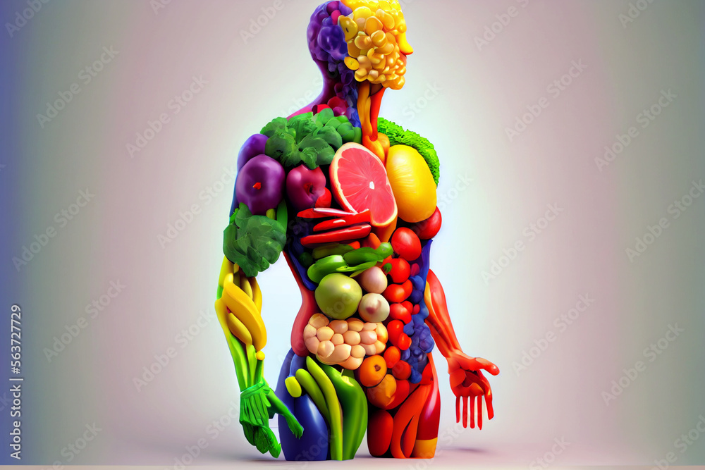 Illustration of a human anatomy made of Fruits and Vegetables in ...