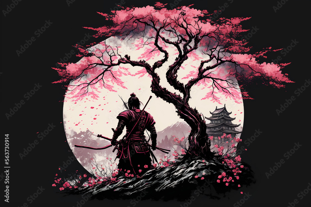 Samurai art sakura tree illustration Stock Illustration | Adobe Stock