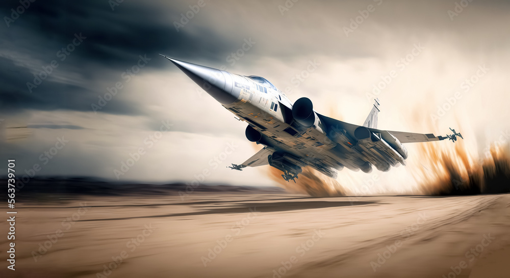 Combat military fighter rapidly takes off at high speed from the runway ...
